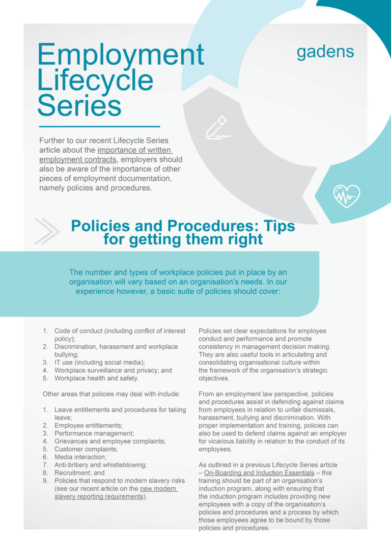 Employment Lifecycle Series | Policies and procedures | Gadens