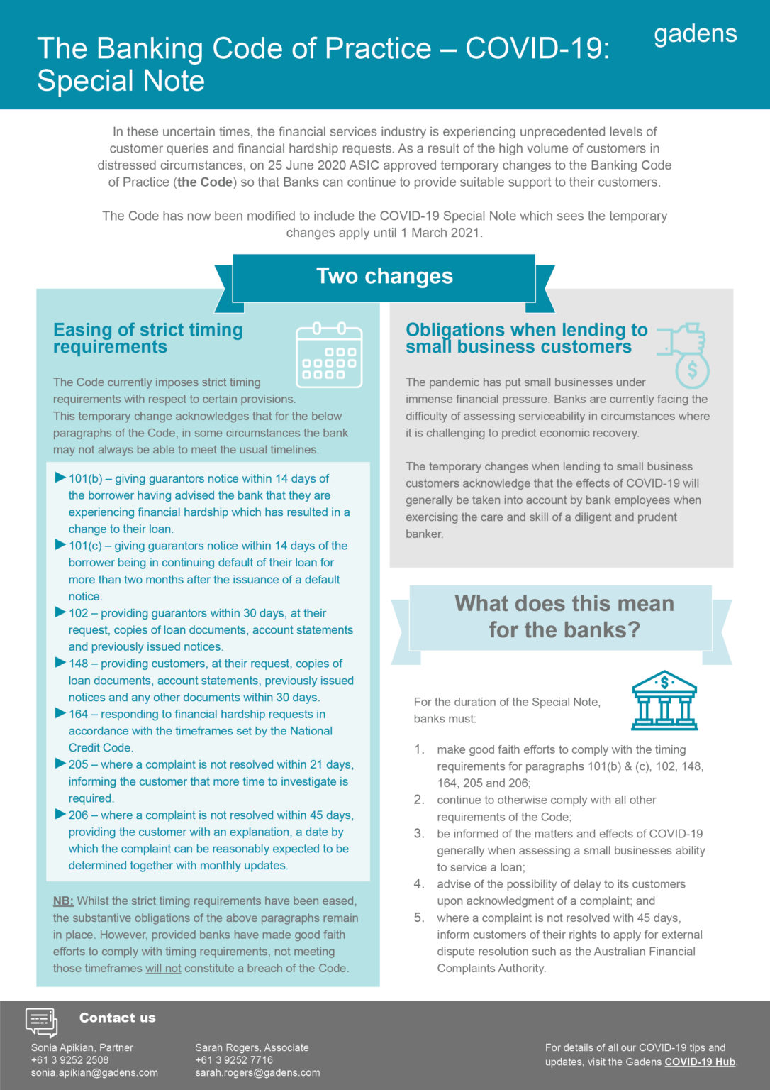 COVID-19 | The Banking Code of Practice – COVID-19: Special Note | Gadens